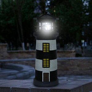 LED Solar Lighthouse Statue Rotating Lawn Craft Decorations for Outdoor Light Garden Courtyard(Black+White)