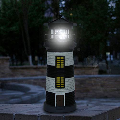 LED Solar Lighthouse Statue Rotating Lawn Craft Decorations for Outdoor Light Garden Courtyard(Black+White)