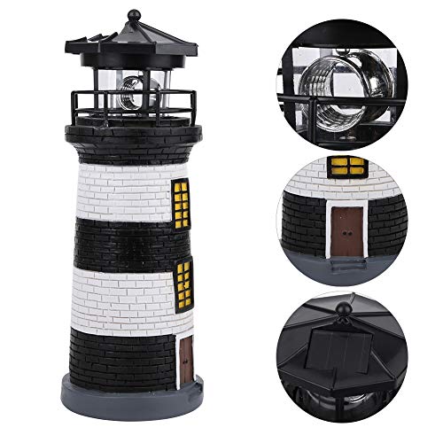 LED Solar Lighthouse Statue Rotating Lawn Craft Decorations for Outdoor Light Garden Courtyard(Black+White)