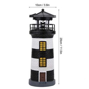 LED Solar Lighthouse Statue Rotating Lawn Craft Decorations for Outdoor Light Garden Courtyard(Black+White)