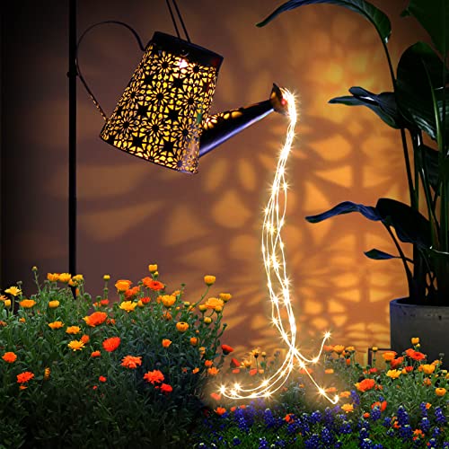 Solar Watering Can Outdoor Garden Decor, Warm waterfall String Lights Solar Lanterns, Landscape Lights for Front Yard Porch Lawn Driveway Patio Backyard Pathway Gardening Gift(With shepherd hook)