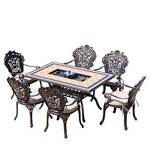 Wood Fire Pits Outdoor Outdoor Garden Barbecue Table - Wood Burning Fire Pit, Backyard Patio Table and Chair Set, Heavy-Duty BBQ Cooking Table, with 6 Chairs