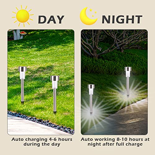 10 Pack Solar Pathway Lights, Solar Garden Lights Outdoor Waterproof, Auto On/Off, Bright Up to 6-8 Hrs, Stainless Steel Led Landscape Lights for Lawn, Yard, Patio, Walkway(White)