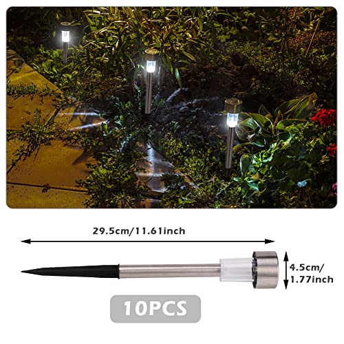 10 Pack Solar Pathway Lights, Solar Garden Lights Outdoor Waterproof, Auto On/Off, Bright Up to 6-8 Hrs, Stainless Steel Led Landscape Lights for Lawn, Yard, Patio, Walkway(White)