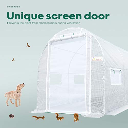 KING BIRD Upgraded 15x6.6x6.6FT Large Walk-in Greenhouse Heavy Duty Galvanized Steel Frame 2 Zippered Screen Doors 8 Screen Windows Tunnel Garden Plant Hot Green House 20 Stakes 4 Ropes 2 Gloves White