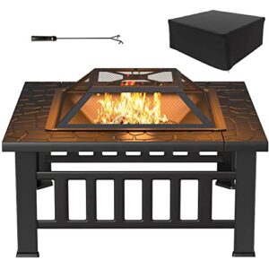 tuoze 32-inch fire pits outdoor patio metal multifunctional firepit table with waterproof cover for camping bonfire party picnic bbq backyard garden outside heating,black