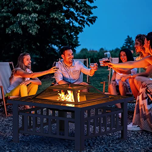 Tuoze 32-inch Fire Pits Outdoor Patio Metal Multifunctional Firepit Table with Waterproof Cover for Camping Bonfire Party Picnic BBQ Backyard Garden Outside Heating,black