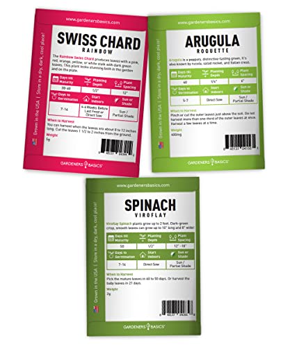 Power Greens Seeds for Planting Individual Packets 5 Variety Pack - Arugula, Spinach, Swiss Chard, Kale, Cabbage Seeds for Your Heirloom Salad, Winter, Fall and Cool Weather Garden by Gardeners Basics