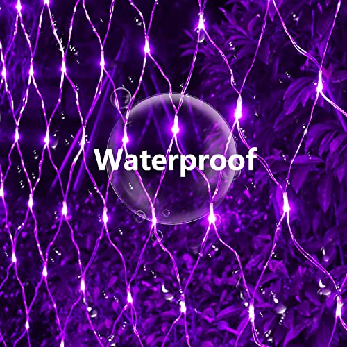 Solar Net Halloween Lights Purple, 204 LED Net Lights Outdoor Mesh Lights Transparent Wire, Solar Powered String Lights for Garden, Yard, Bushes, Trunk, Xmas Tree Decor-9.8ft x 6.6ft