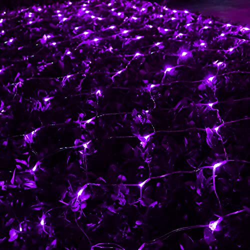 Solar Net Halloween Lights Purple, 204 LED Net Lights Outdoor Mesh Lights Transparent Wire, Solar Powered String Lights for Garden, Yard, Bushes, Trunk, Xmas Tree Decor-9.8ft x 6.6ft