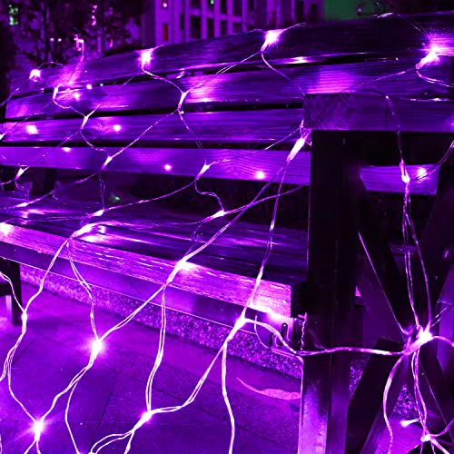 Solar Net Halloween Lights Purple, 204 LED Net Lights Outdoor Mesh Lights Transparent Wire, Solar Powered String Lights for Garden, Yard, Bushes, Trunk, Xmas Tree Decor-9.8ft x 6.6ft