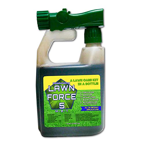 Nature’s Lawn & Garden – Lawn Force 5 Phosphorus Free – Liquid Lawn Fertilizer, Aerator, Dethatcher, with Humic & Fulvic Acid, Kelp Seaweed, and Mycorrhizae – Quart with Hose End Sprayer Attachment