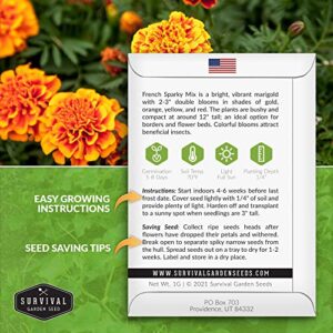 Survival Garden Seeds - French Sparky Marigold Seed for Planting - 5 Packs with Instructions to Plant and Grow Large Tagetes Patula Flowers in Your Home Vegetable Garden - Non-GMO Heirloom Variety