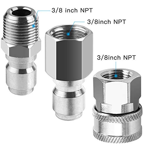 EXCELFU NPT 3/8 Inch Stainless Steel Male and Female Quick Connector Kit Pressure Washer Adapter Set and 1 Pieces NPT 3/8 Inch Pressure Washers Stainless Steel Quick Connector Plug Male Nipple