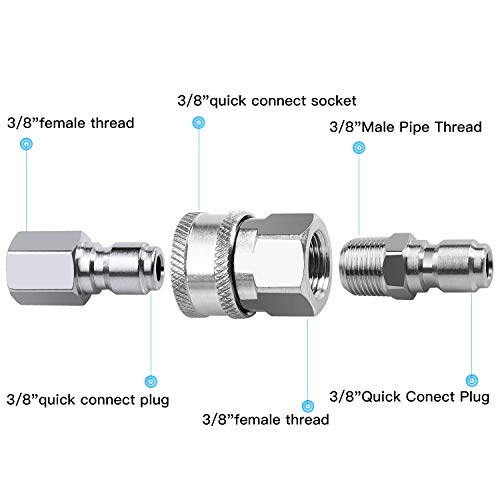 EXCELFU NPT 3/8 Inch Stainless Steel Male and Female Quick Connector Kit Pressure Washer Adapter Set and 1 Pieces NPT 3/8 Inch Pressure Washers Stainless Steel Quick Connector Plug Male Nipple