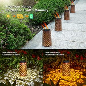 JSOT Solar Lanterns,4 Pack Hanging Outdoor Lights Waterproof Metal Solar Pathway Lights Landscape Lighting Garden Backyard Decorative Lamp for Walkway Path Patio Porch 2 Light Modes Amber/Cool White