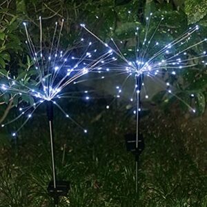 rockabyee 2 pack 120 led solar firework lights, 8 modes starburst stake lights, outdoor solar garden lights for wedding party festival (cool white)