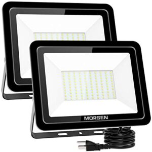 morsen 100w led flood light 2 pack,10000lm super bright security lights,ip66 waterproof outdoor work light,ul certificated plug,5000k daylight white floodlight for yard,garden,garage,rooftop,patio