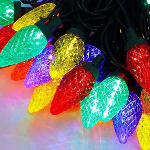 C9 Christmas Lights, 50 LEDs 24.5 FT Faceted String Lights Connectable Commercial Grade Indoor Outdoor, 120V UL Certified Xmas Strawberry Tree Light Strand for Garden Patio Parties, Multicolor