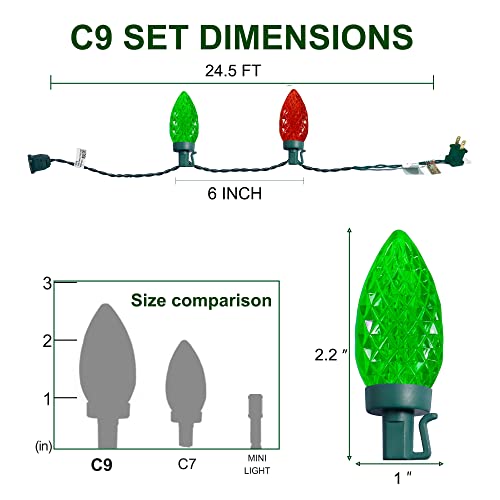 C9 Christmas Lights, 50 LEDs 24.5 FT Faceted String Lights Connectable Commercial Grade Indoor Outdoor, 120V UL Certified Xmas Strawberry Tree Light Strand for Garden Patio Parties, Multicolor