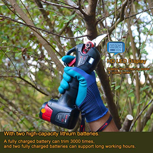 KOMOK Cordless Electric Pruning Shears with LED, 2 Rechargeable Battery Powered Tree Pruner Fruit Tree Branches Cutter, 25mm/1" Cutting Diameter, 6-8 Working Hours Good for Arthritis Hands