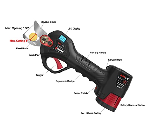 KOMOK Cordless Electric Pruning Shears with LED, 2 Rechargeable Battery Powered Tree Pruner Fruit Tree Branches Cutter, 25mm/1" Cutting Diameter, 6-8 Working Hours Good for Arthritis Hands