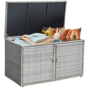 giantex rattan deck box outdoor&indoor 88 gallon wicker storage box w/separate storage shelf, openable door, toys and tools storage for patio,garden, balcony, porch, yard rattan storage box (gray)