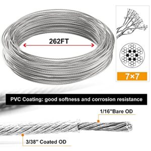 Ruesious Outdoor String Light Hanging 262FT Wire Rope Wire Guide Wire for Outdoor String Lights Kit Heavy Duty Globe String Garden Wire for Climbing Plants Hooks for Indoor and Outdoor Lights