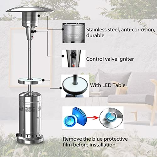 ROMONICA 48000BTU outdoor garden Silvery heater high vertical hammer facing garden outdoor heater propane vertical, with wheels and LED table, stainless steel - 2 set