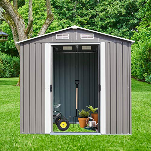 Kinsuite 6' x 4' Outdoor Storage Shed Slide Door, Galvanized Steel Tool Shed House for Patio Garden Backyard Lawn, Utility Tool House, Grey