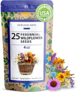 120,000+ wildflower seeds bulk: (4oz) perennial wild flower seeds for planting mix – butterfly garden seeds for attracting birds & bees – 25 wildflowers: blue flax to coneflower and more