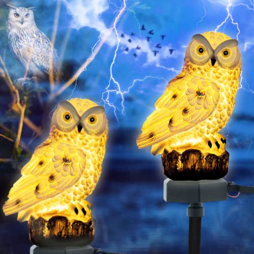 2 Packs White Owl Solar Lights Outdoor Garden Decorations Waterproof Solar Powered Landscape Lighting Owl Decor to Scare Birds Away Lawn Ornaments Yard Pathway Patio Decor