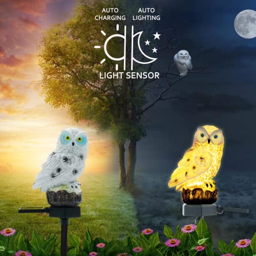 2 Packs White Owl Solar Lights Outdoor Garden Decorations Waterproof Solar Powered Landscape Lighting Owl Decor to Scare Birds Away Lawn Ornaments Yard Pathway Patio Decor