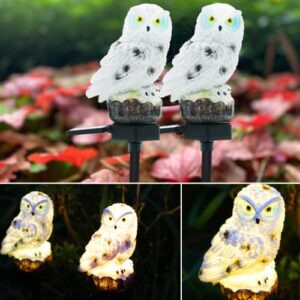 2 Packs White Owl Solar Lights Outdoor Garden Decorations Waterproof Solar Powered Landscape Lighting Owl Decor to Scare Birds Away Lawn Ornaments Yard Pathway Patio Decor