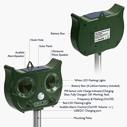 WQBK Animal Outdoor Solar Powered Device with Independent Audible Alarm Speaker- Effectively Scares Away Cats, Dogs, Squirrels, Deer, Raccoon, Groundhog, Skunk, Birds etc