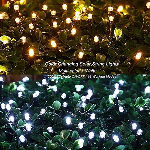 iShabao Solar Color Changing Christmas Lights, 72ft 200 LED White & Warm White Tree Lights, Waterproof 11 Lighting Modes Outdoor Christmas Lights for Yard Garden Holiday Christmas Decorations