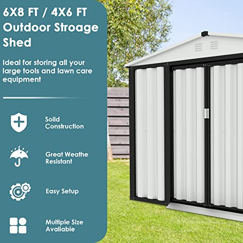 Incbruce 6x4 Ft Outdoor Storage Shed Double Sloping Roof Garden Shed, Galvanized Metal Storage Shed with Sliding Door, Metal Shed Kit with Double Doorknobs and Air Vents (White)