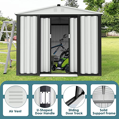 Incbruce 6x4 Ft Outdoor Storage Shed Double Sloping Roof Garden Shed, Galvanized Metal Storage Shed with Sliding Door, Metal Shed Kit with Double Doorknobs and Air Vents (White)