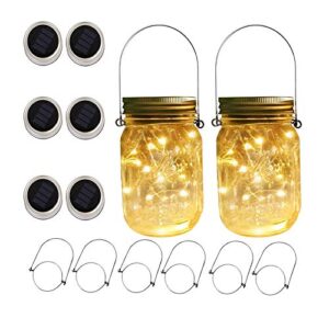 6 pack solar mason jar lights with 6 handle/2 fairy sticker, 30 led solar mason jar lids fairy lights outdoor for party patio garden decor solar fairy lanterns table lights warm white(no jars)