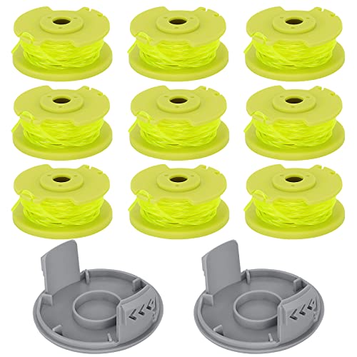 Weed Wacker String Compatible for Ryobi One Plus+ AC80RL3, 11 FT/0.080 Inch String Trimmer Twisted Line, Spool Replacement for Ryobi 18v, 24v, 40v Cordless Trimmers (9 Spools+2 AC14HCA Caps Cover)