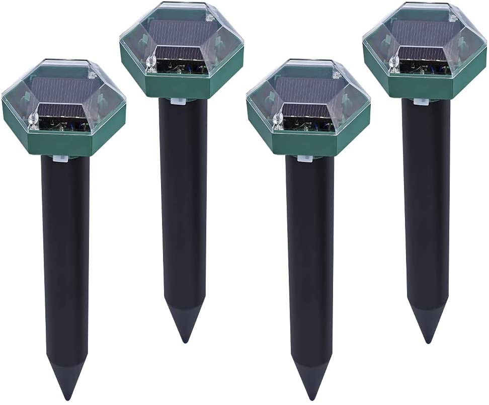 MorTime Solar Powered Mole Deterrent Spikes Outdoor Ultrasonic Groundhog Gopher Vole Deterrent for Lawn Garden Yard (4pc Hexagon)