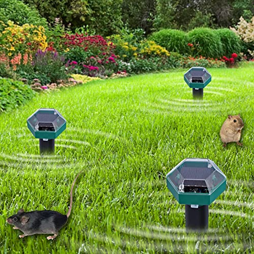 MorTime Solar Powered Mole Deterrent Spikes Outdoor Ultrasonic Groundhog Gopher Vole Deterrent for Lawn Garden Yard (4pc Hexagon)