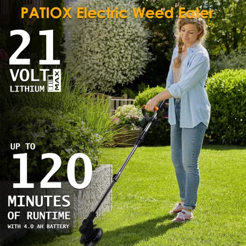 Battery Powered Weed Wacker Cordless- Electric Weed Trimmer Rechargeable- Two 4.0 Ah Battery Operated Weed Whacker Cordless 21V Grass Edger Trimmer with Blade and Charger - Lawn Yard Garden