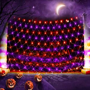 vicila led net light halloween decor mesh lights, tree warp fairy lights outdoor hanging string light for home, bedroom, christmas, garden, walkway, bushes decor-9.8ft x 6.6ft(purple&orange)