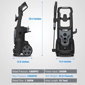 Electric Pressure Washer - 1900W High Pressure Power Wash Machine with Detergent Tank and Adjustable Nozzles for Home Use Cars/Garden/Patios/Driveways Cleaning (2300PSI), CETL Listed