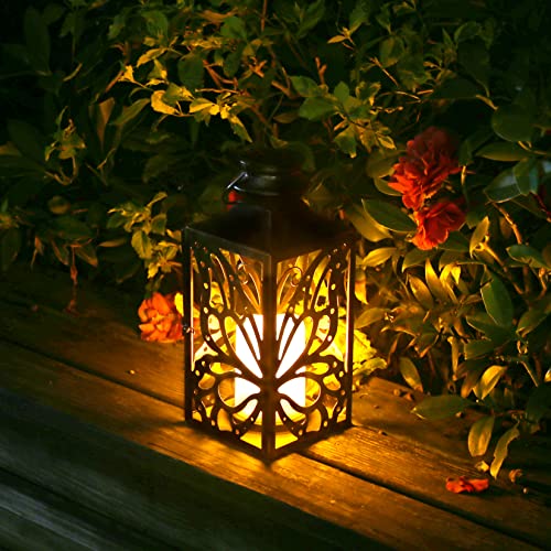 newvivid Solar Latern Outdoor LED Solar Garden Lights, Hanging Butterfly Lanterns Solar Powered with Handle Waterproof Flickering Flameless Candle Mission Lights for Table Patio Yard Pathway