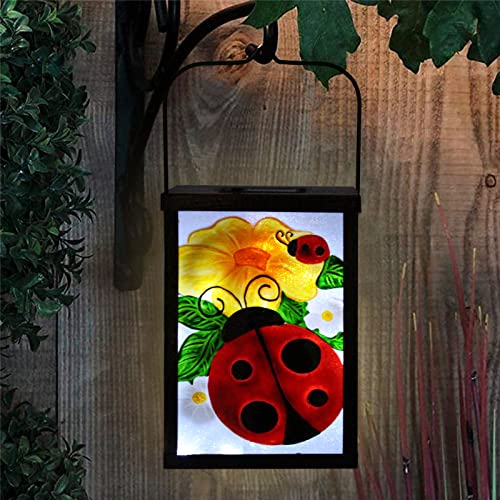 SUBOLO Hanging Solar Lantern Outdoor Garden Metal Glass Ladybug Pattern LED Light Solar Powered Waterproof Landscape Table Lamp for Patio, Yard and Pathway - 1 Pc