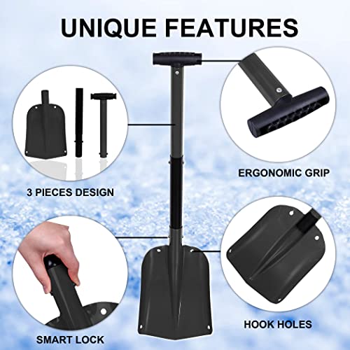 CARTMAN Aluminium Sport Shovel, Utility Scalable Camping Shovel, Garden Shovel, Beach Shovel Sand Shovel, Lightweight Snow Shovel for Car Emergency, 3 Piece Collapsible Design, Black