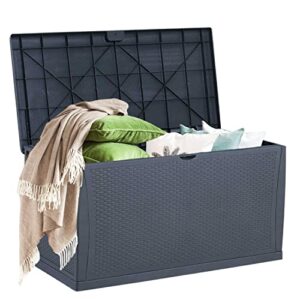 DOIT 120 Gallon Deck Box, Large Waterproof Outdoor Deck Storage Box Resin Wicker Storage Bench Box for Outdoor Pillows, Pool Toys, Garden Tools Storing - Dark Grey