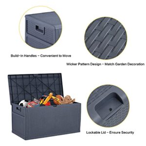 DOIT 120 Gallon Deck Box, Large Waterproof Outdoor Deck Storage Box Resin Wicker Storage Bench Box for Outdoor Pillows, Pool Toys, Garden Tools Storing - Dark Grey